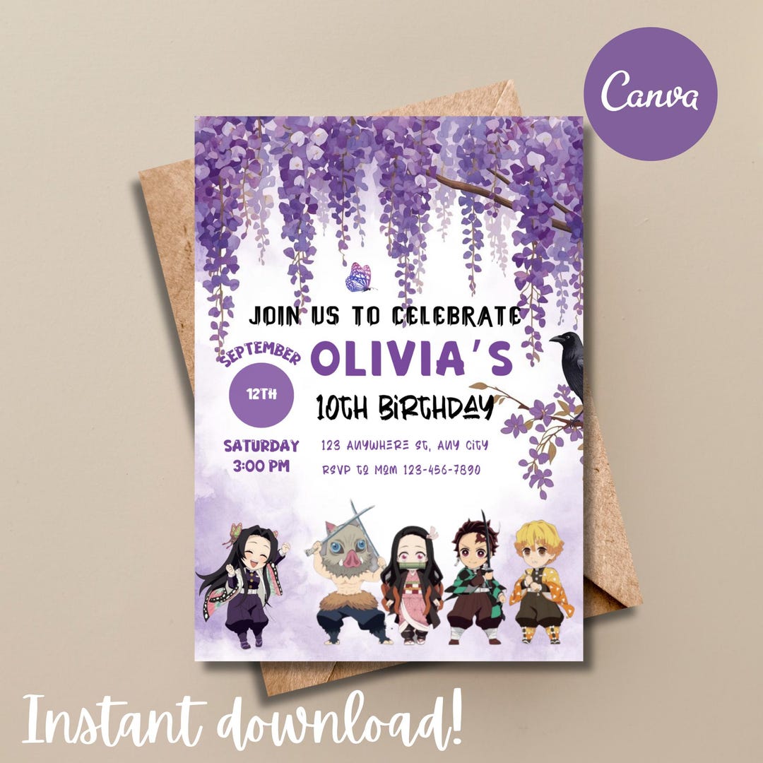 Demon Slayer Birthday Invitation, Editable Template Canva Digital ...