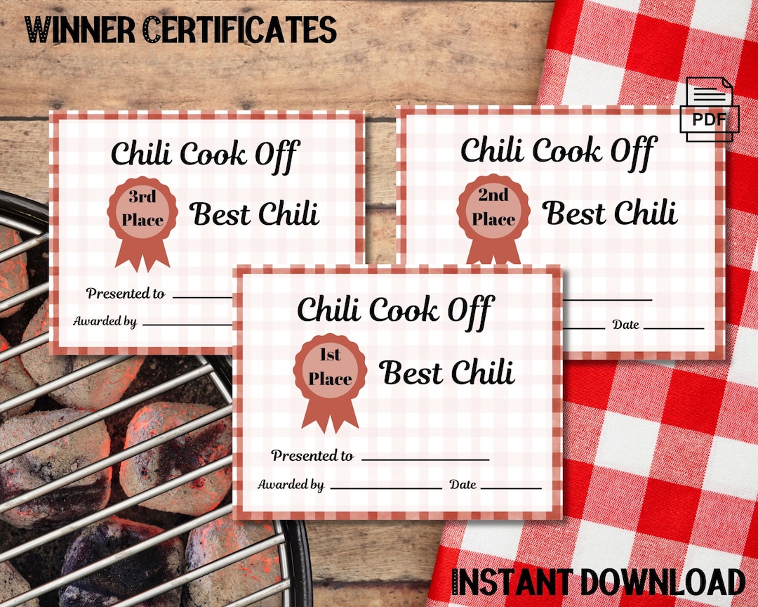 Chili Cook-off Winner Certificate – Printable PDF | 1st, 2nd and 3rd ...