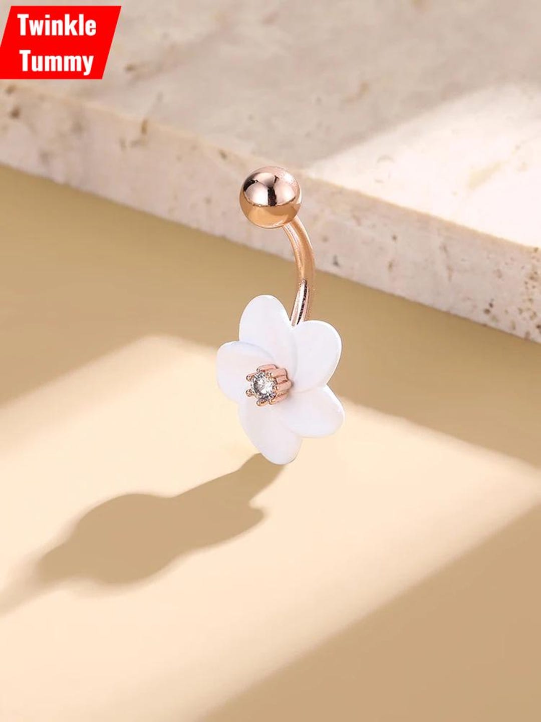 Rose Gold Flower Belly Button Ring: White Floral Navel Jewelry - Etsy