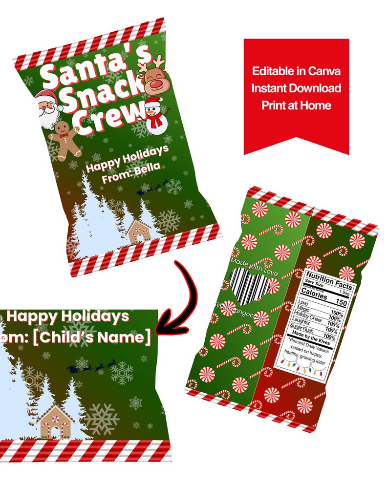 Santa’s Snack Crew Christmas Chip Bag Template | Editable Holiday Party ...
