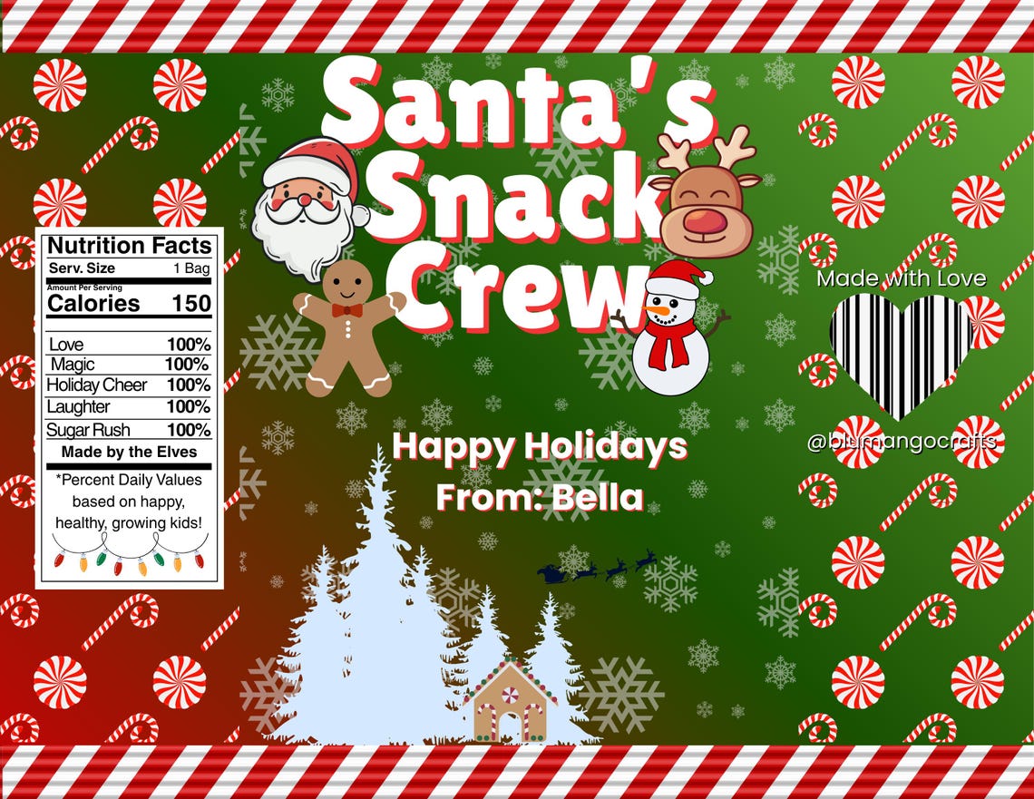 Santa’s Snack Crew Christmas Chip Bag Template | Editable Holiday Party ...