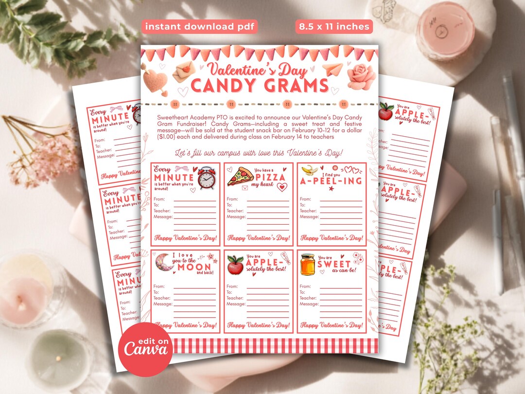 Valentines Day Candy Grams School PTO PTA Fundraiser Cards Template ...