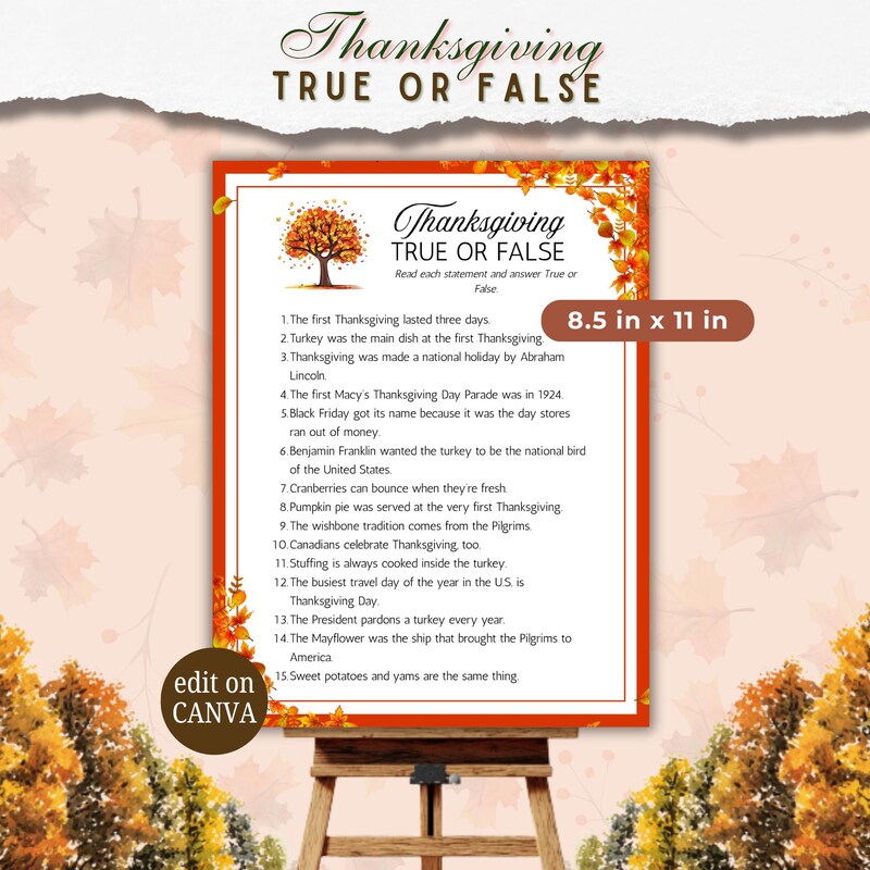 Thanksgiving True or False - Etsy
