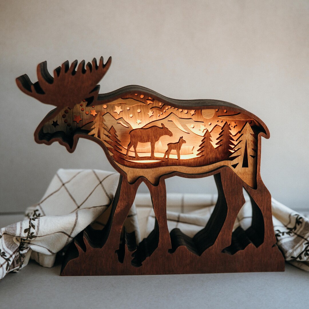 Lighted Moose Decor • Layered Wood Moose Scene • Rustic Cabin Light ...