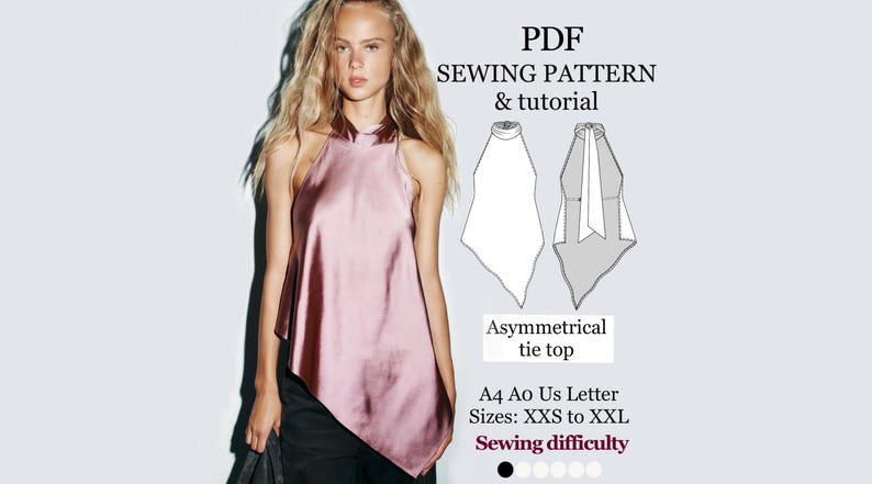 Asymmetrical Tie Top Sewing Pattern PDF | Halter Neck Back Bow Top ...
