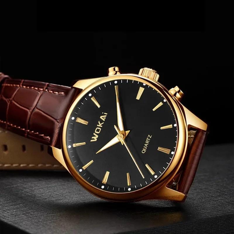 WOKAI Gold & Black Quartz Watch - Crocodile Leather Strap - Etsy
