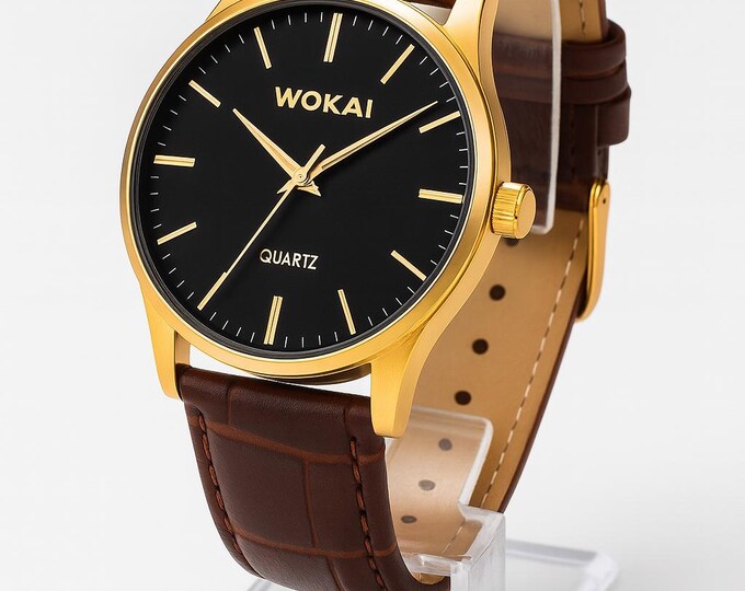 WOKAI Gold & Black Quartz Watch - Crocodile Leather Strap - Etsy