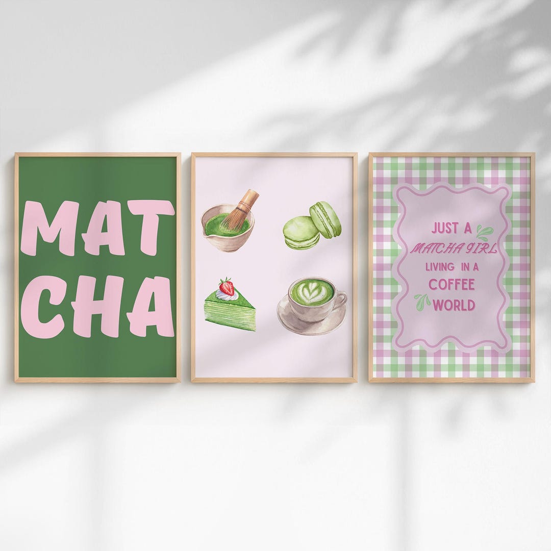 Preppy Matcha Wall Art Set of 3 | Pink and Green Kitchen Decor ...