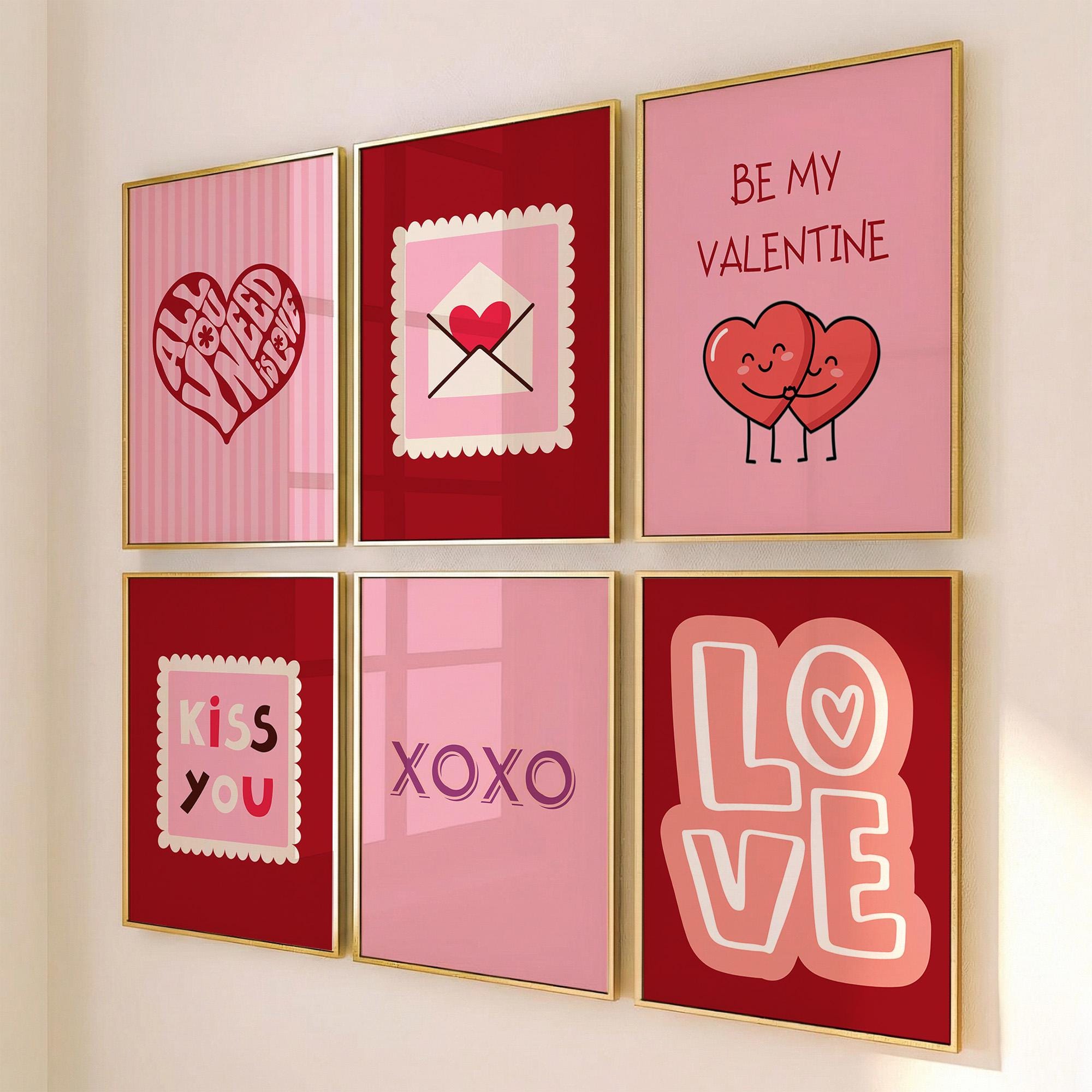 Groovy Valentine Poster Set, Preppy Room Decor, Pink Heart Wall Art ...