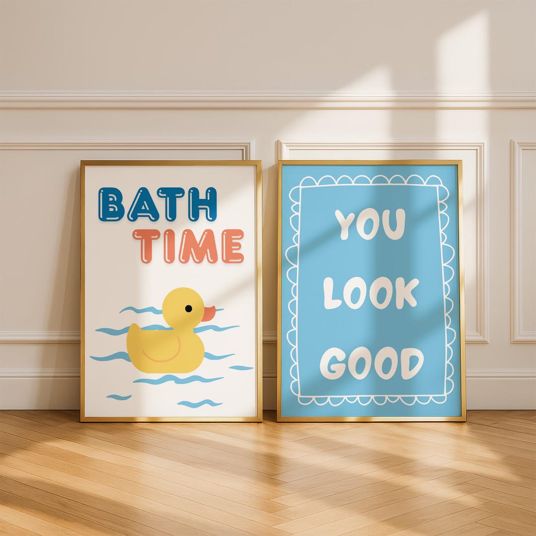 Kids Bathroom Wall Art Set of 2, Rubber Duck Print, You Look Good Sign ...