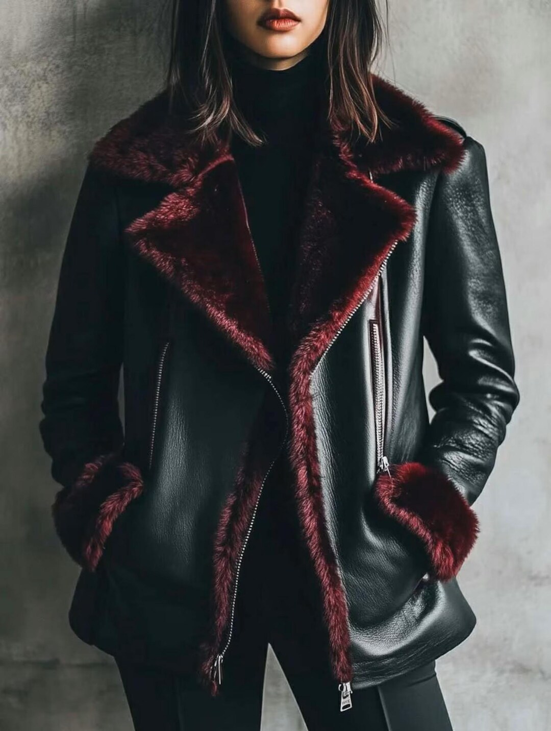Black & Wine Red Shearling Coat | Women’s Aviator Leather Coat ...