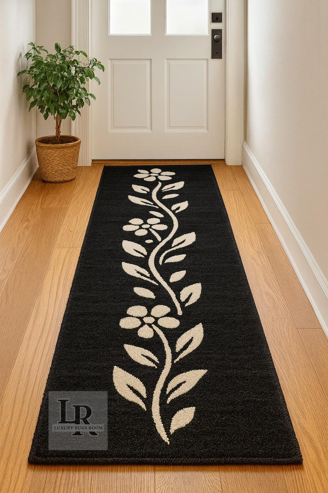 Black Floral Hallway Runner Rug Hand Tufted Carpet Long Entryway Floor ...