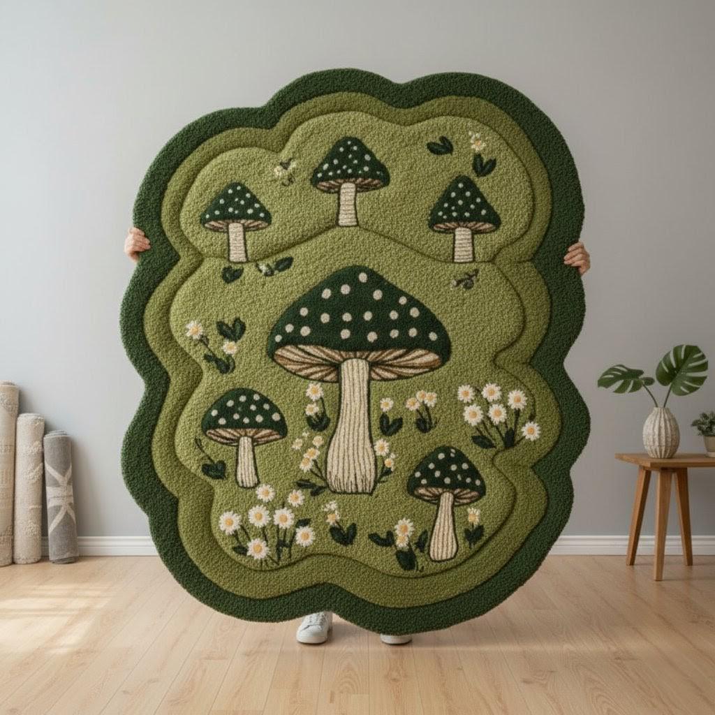 Hand Tufted Moss Rug Mushroom Design Wool Green Area Rug Nursery Decor ...