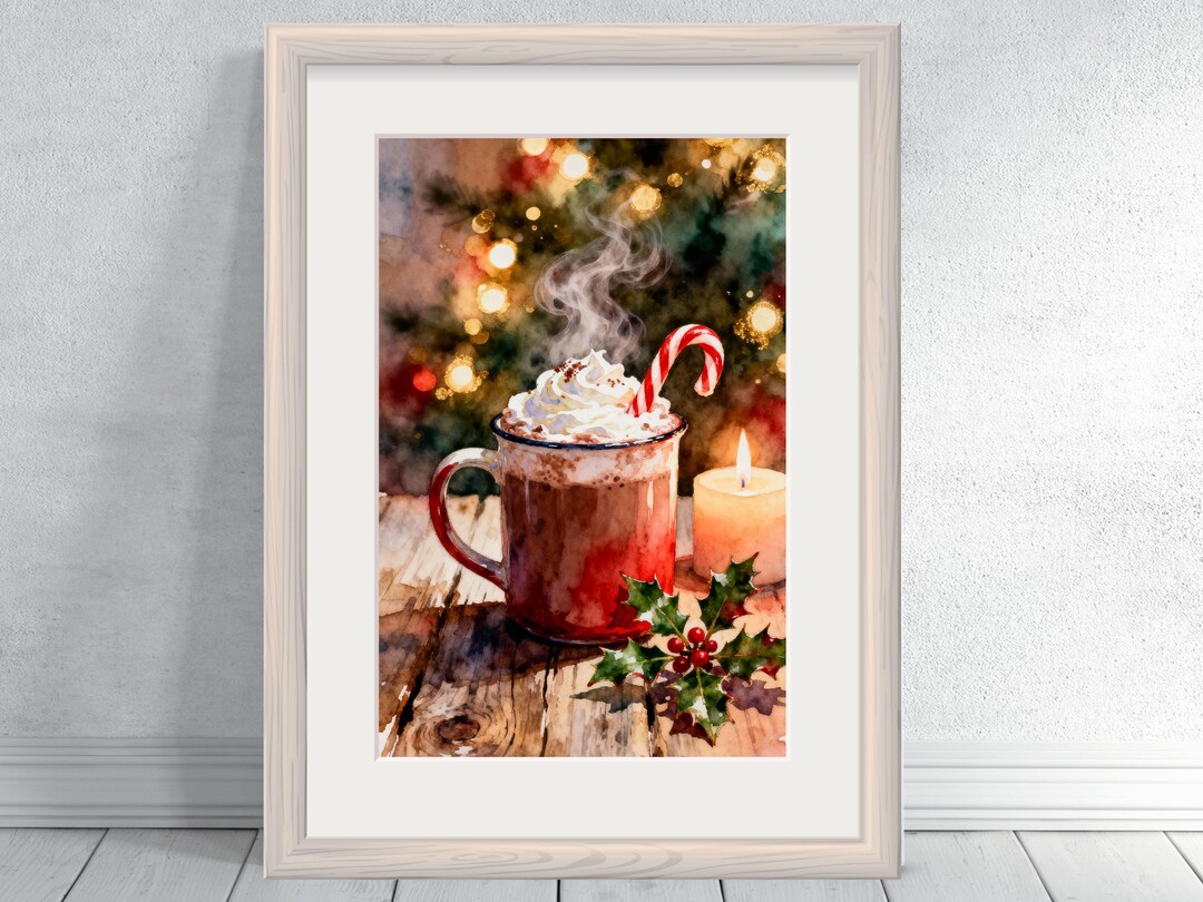Christmas Hot Chocolate Mug Art Print, Holiday Cocoa Watercolor, Cozy ...