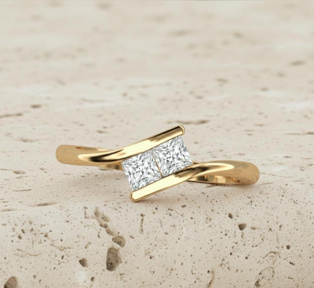 14k Gold Moissanite Bypass Ring • Princess Cut Two Stone Design - Etsy