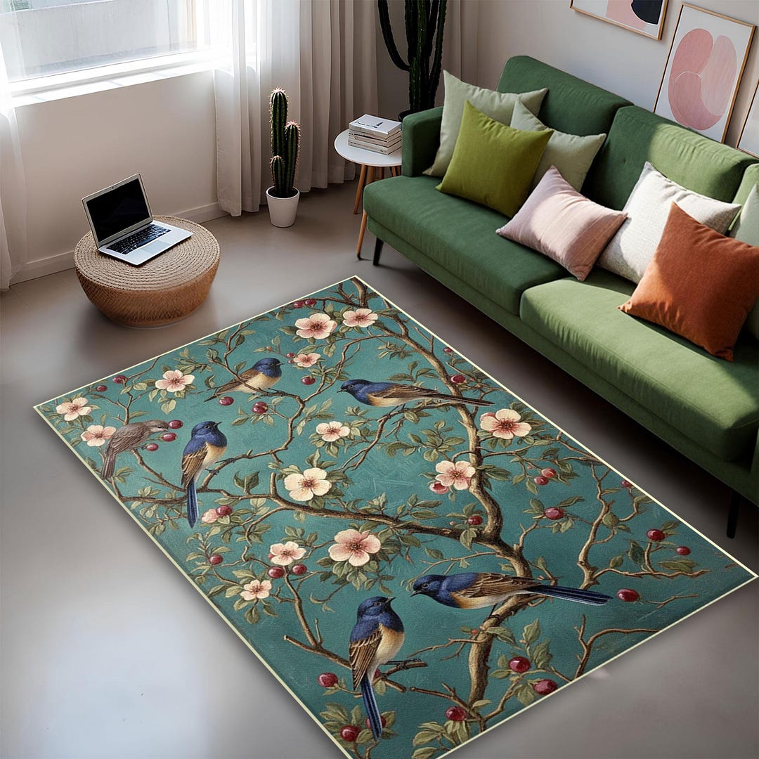 Blue Birds Floral Rug – Chinoiserie Botanical Art Print Carpet - Etsy