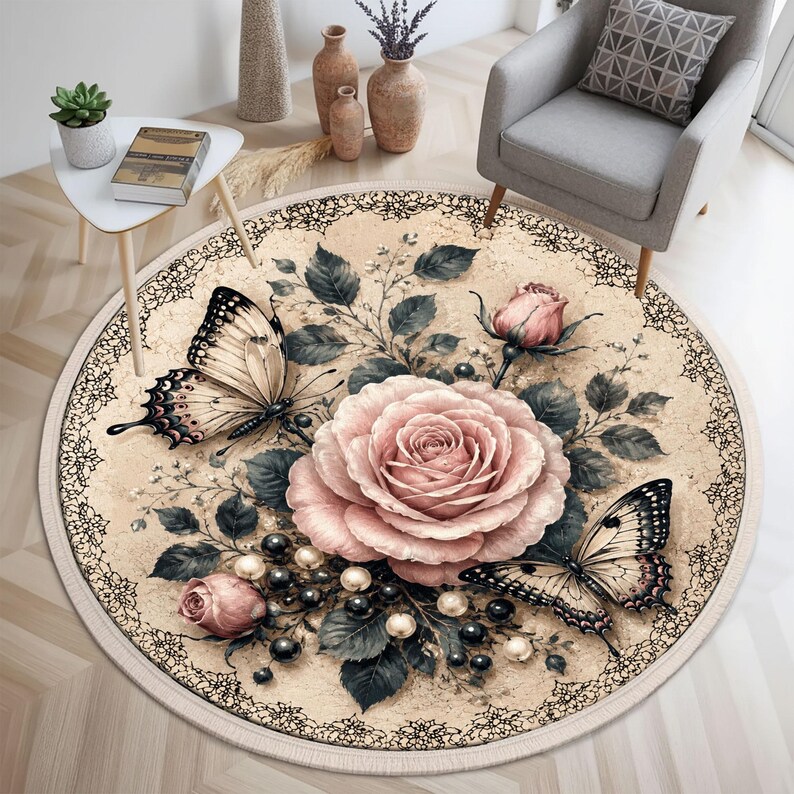 Pink Rose Butterfly Round Rug, Floral Nature Bamboo Soft Carpet - Etsy