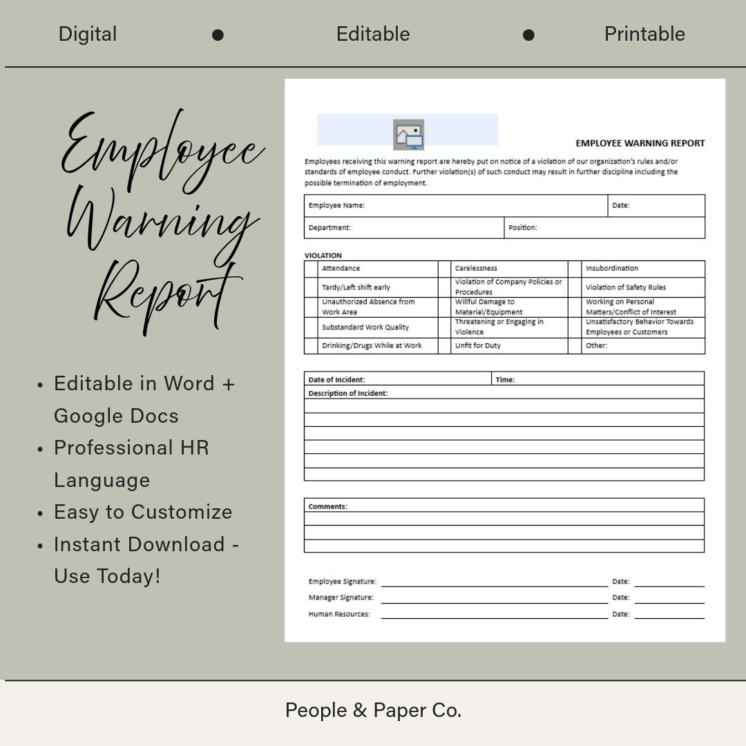 Employee Warning Notice Template: Editable HR Form (word & PDF) - Etsy