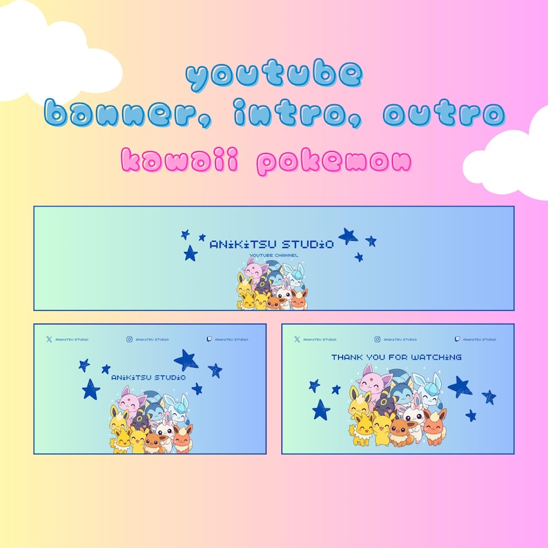 Pokemon Kawaii Youtube Channel Branding Kit, Animated Banner Intro and Outro, Editable Canva ...