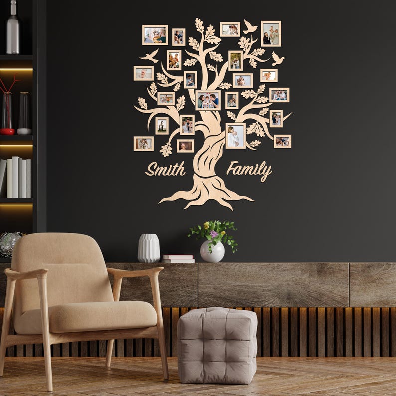 Family Tree Photo Collage, Wooden Family Tree With Frames, Family Tree ...