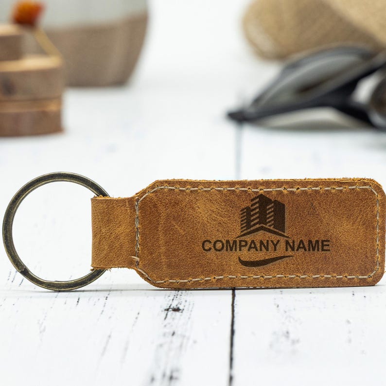 Custom Business Logo Keychain, Leather, Engraved Business Brand Keyring ...