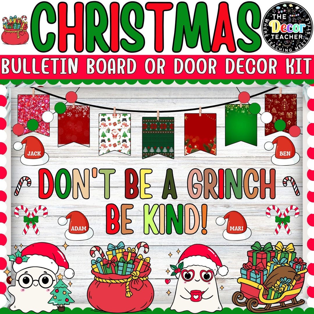 Don't Be A Grinch, Be Kind! Pastel Christmas Bulletin Board and Door ...