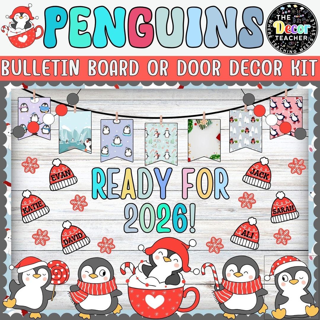 Waddling Into the New Year! Penguin Bulletin Board and Door Decor ...