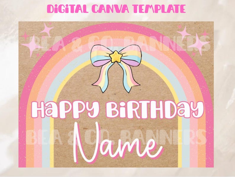 Editable Rainbow and Bows Birthday Banner Template | Girly Birthday ...