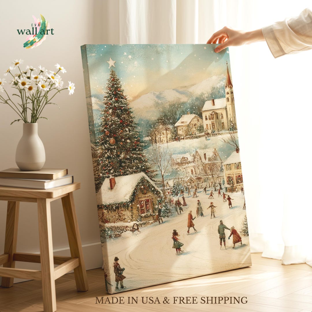 Vintage Snowy Village Wall Art: Christmas Winter Scene Canvas, Holiday ...