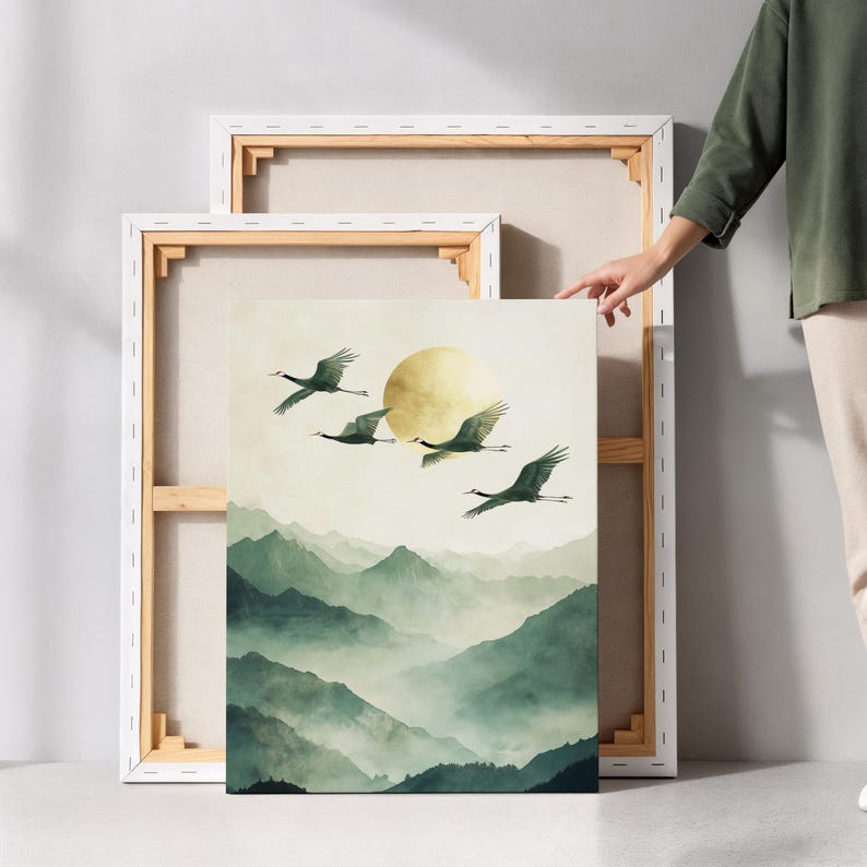 Japandi Crane Canvas Wall Art: Flying Birds Japanese Wall Art, Sage ...