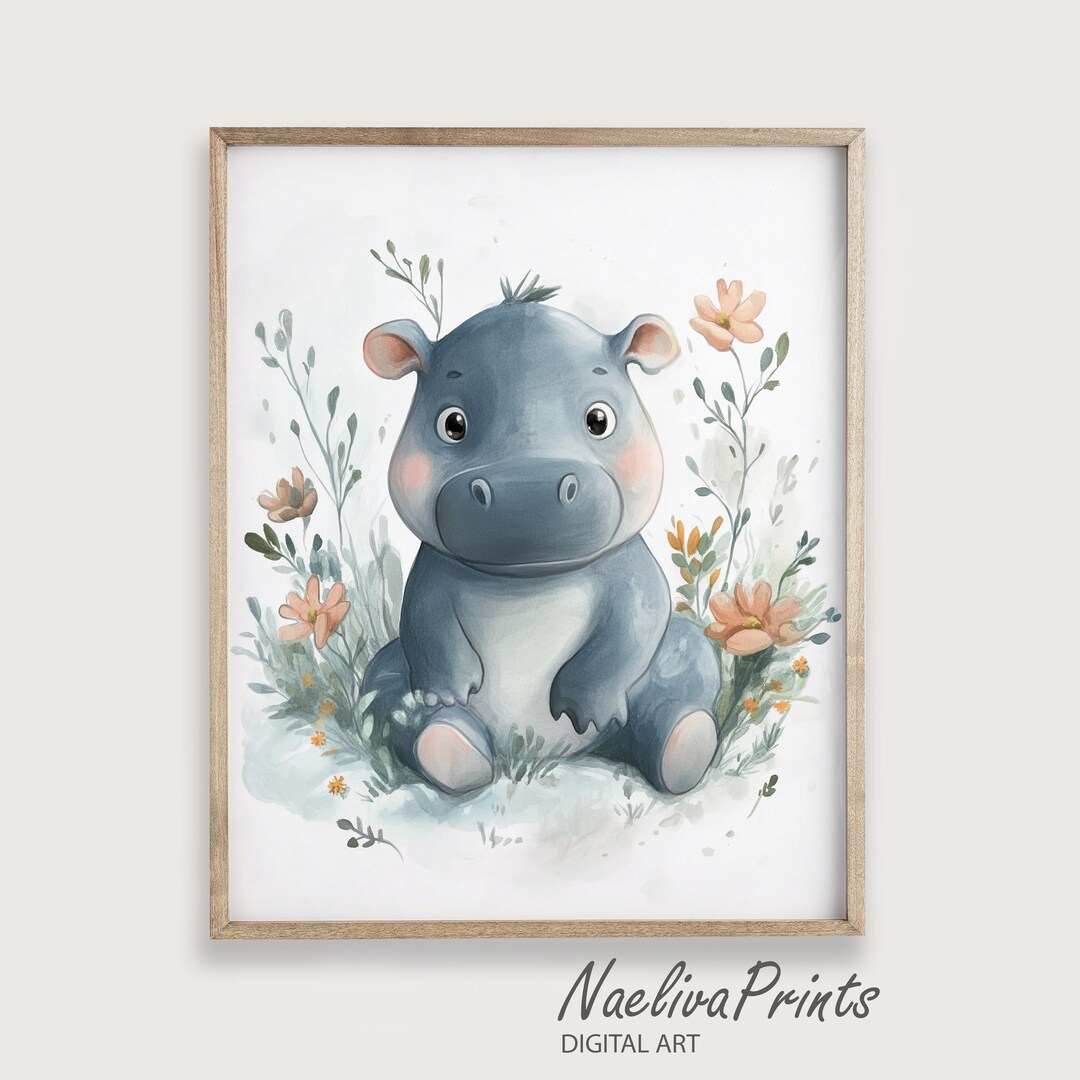 Cute Baby Hippo Printable Art, Playful Pastel Watercolor Nursery Decor ...