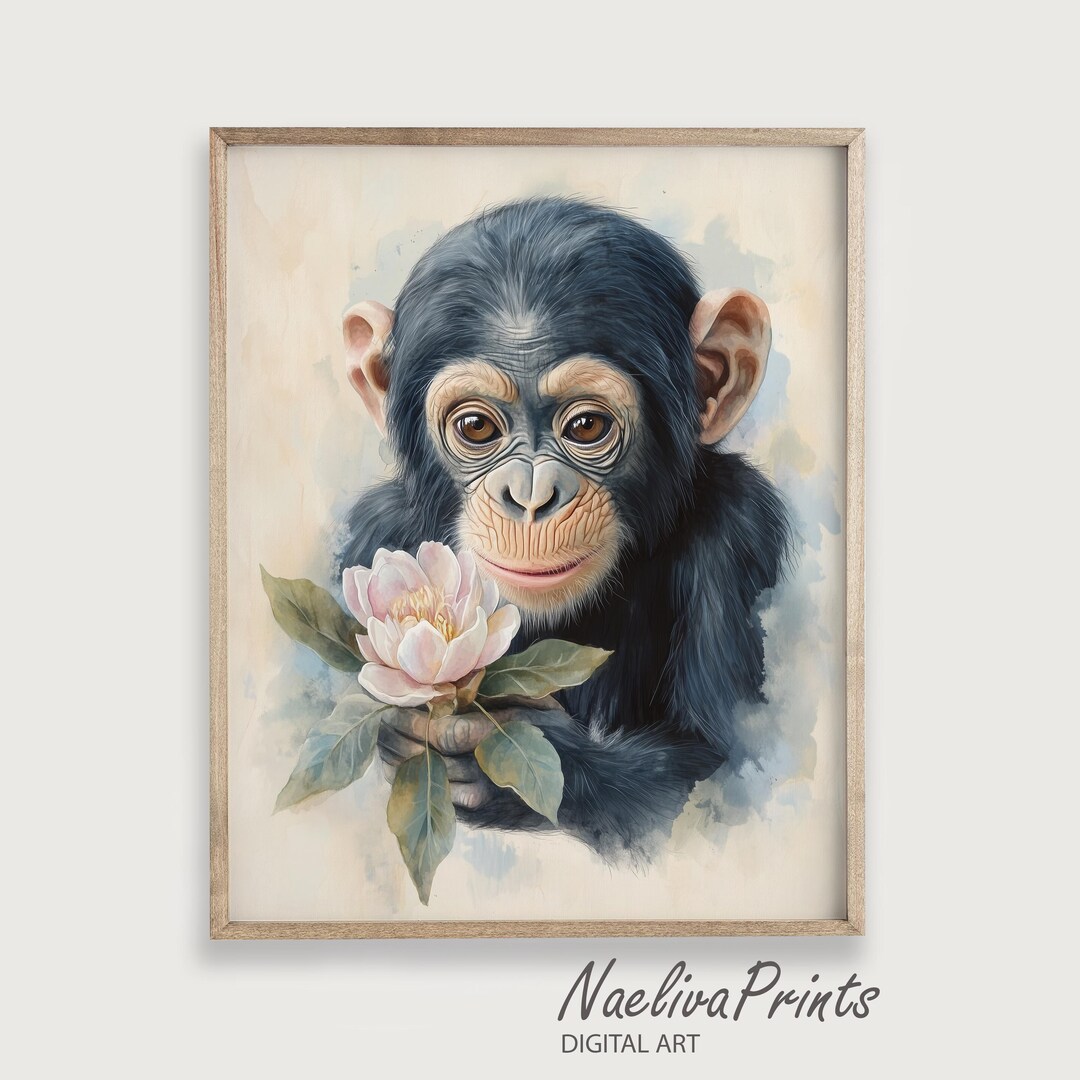 Cute Bonobo Holding Pink Rose - Printable Pastel Watercolor Nursery Art ...