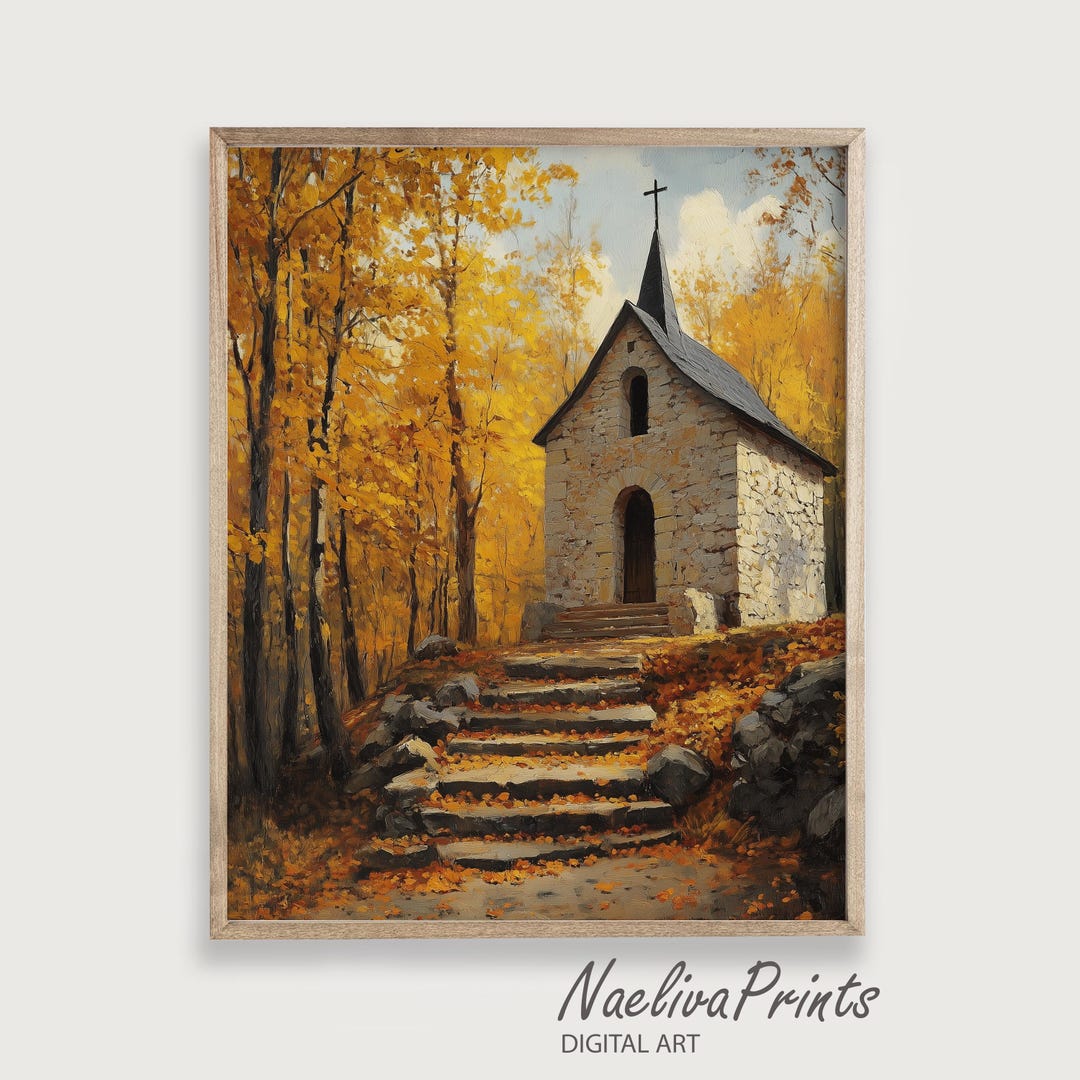 Autumn Chapel in Forest Painting - Rustic Fall Landscape Art, Serene ...