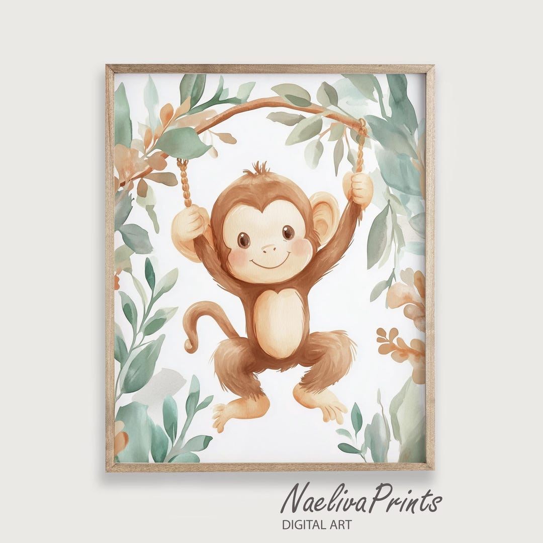 Cute Smiling Monkey Printable Wall Art - Playful Pastel Watercolor ...