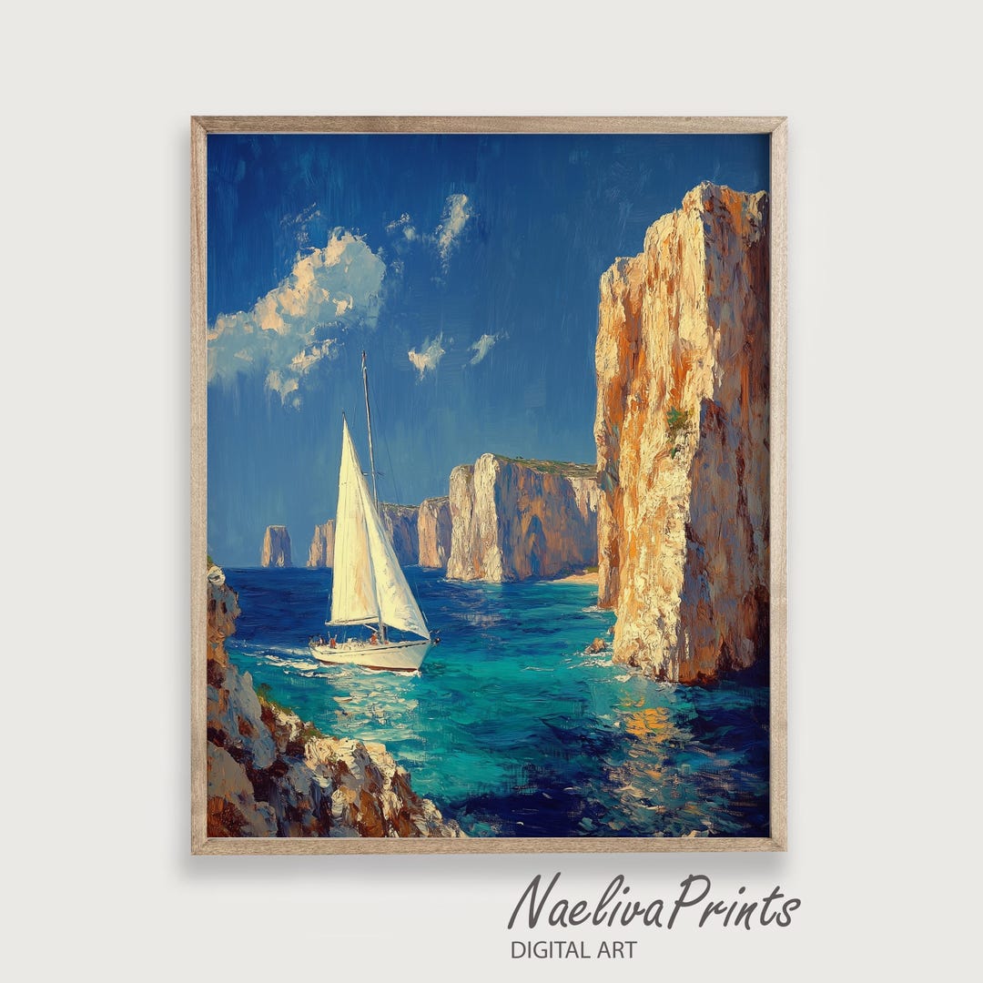 Coastal Sailboat Adventure Print - Bold Nautical Painting, Turquoise ...