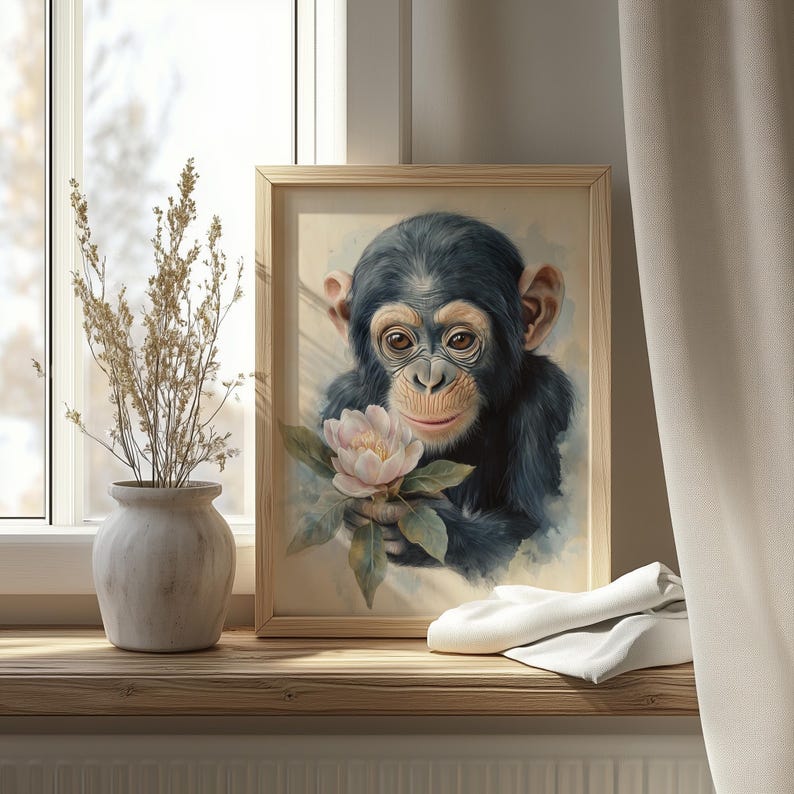 Cute Bonobo Holding Pink Rose - Printable Pastel Watercolor Nursery Art ...
