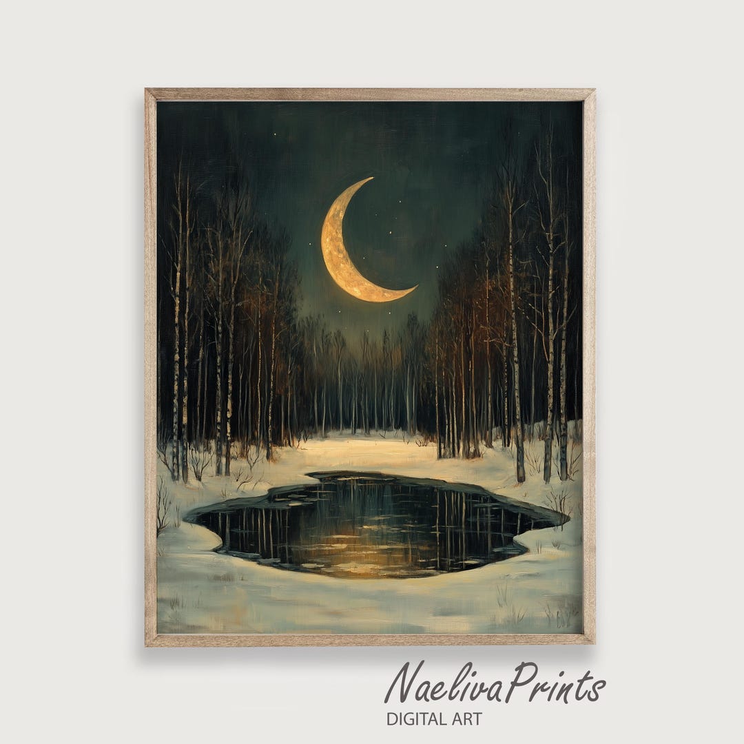 Moody Winter Crescent Moon Print - Vintage Frozen Forest Landscape Art ...