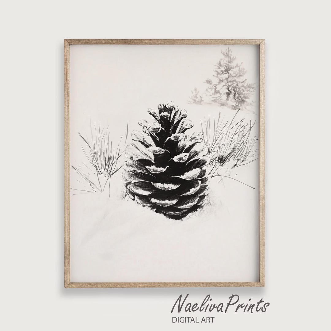 Printable Winter Pinecone Sketch - Rustic Ink Drawing, Snowy Woodland ...