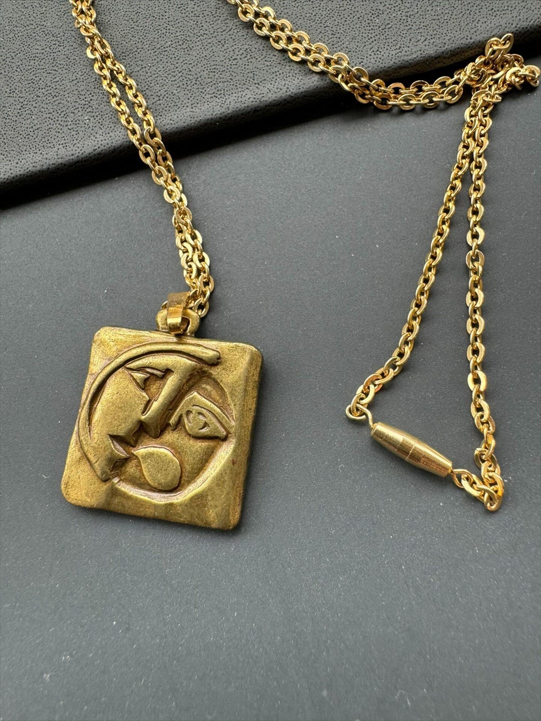 Vintage Modernist Face Pendant Necklace, Gold Plated Copper Chain ...