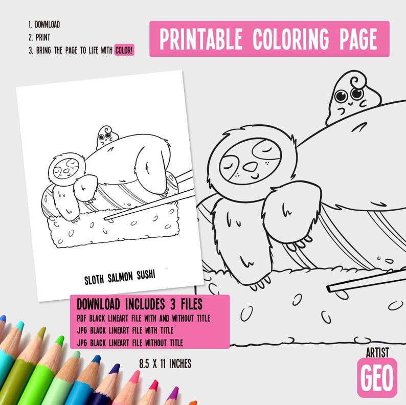 Sloth Sushi Printable Coloring Page Digital Download | Coloring Sheet ...