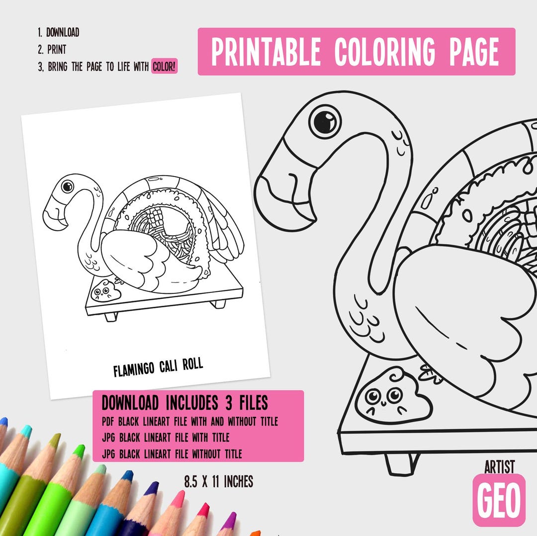 Flamingo Cali Roll Printable Coloring Page Digital Download | Coloring ...