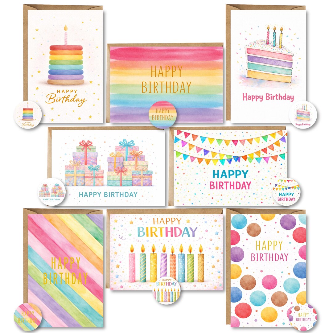 Birthday Cards Multipack of 24 With Envelopes & Stickers – 8 Unique ...