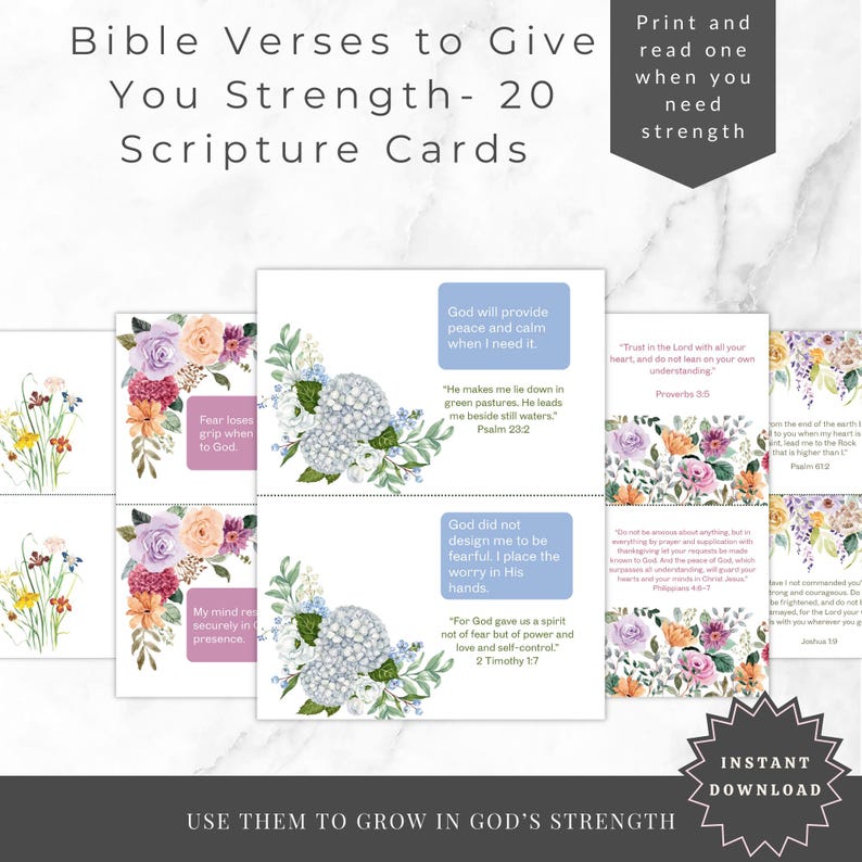 Printable Scripture Cards for Strength | Floral Bible Verse ...