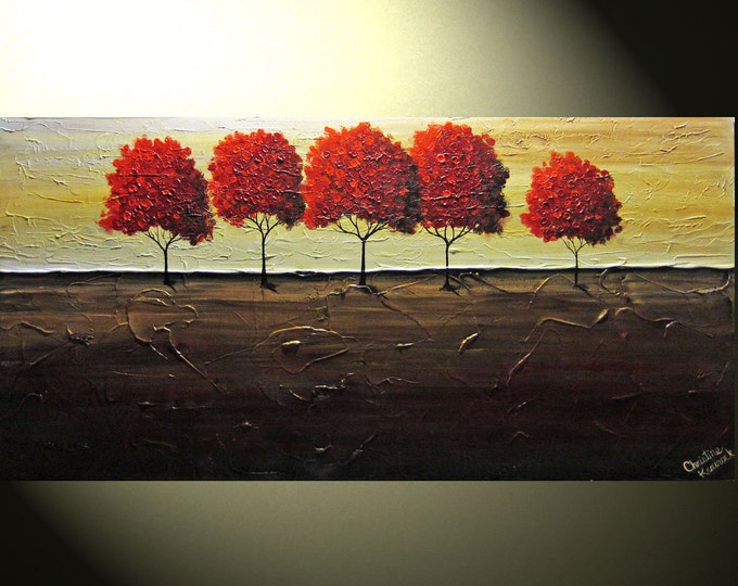 Original Abstract Red Tree Painting, Modern Textured Gallery Fine Art ...