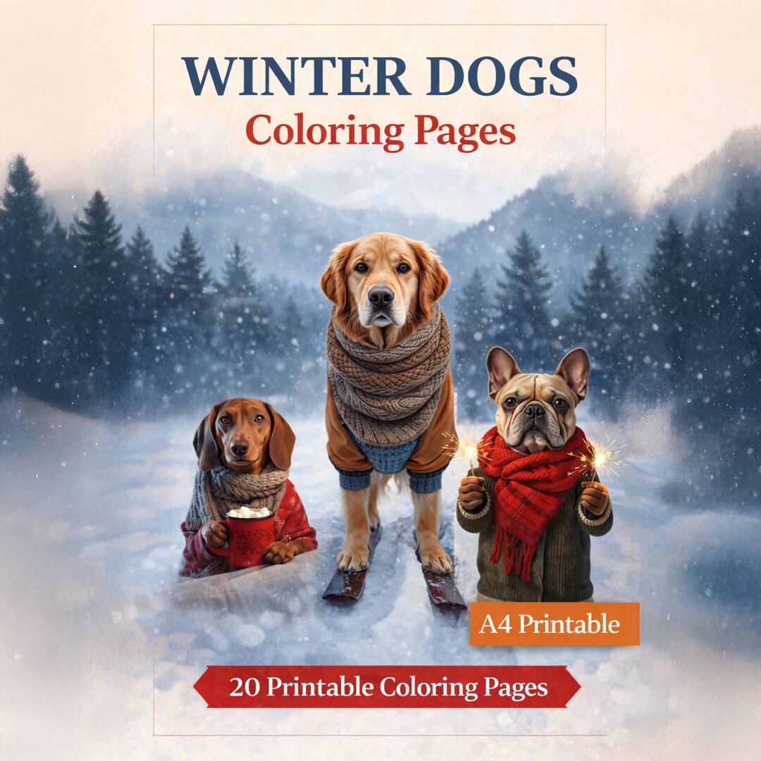 Winter Dogs Coloring Book Printable Dog Pages A4 Adults and Children - Etsy