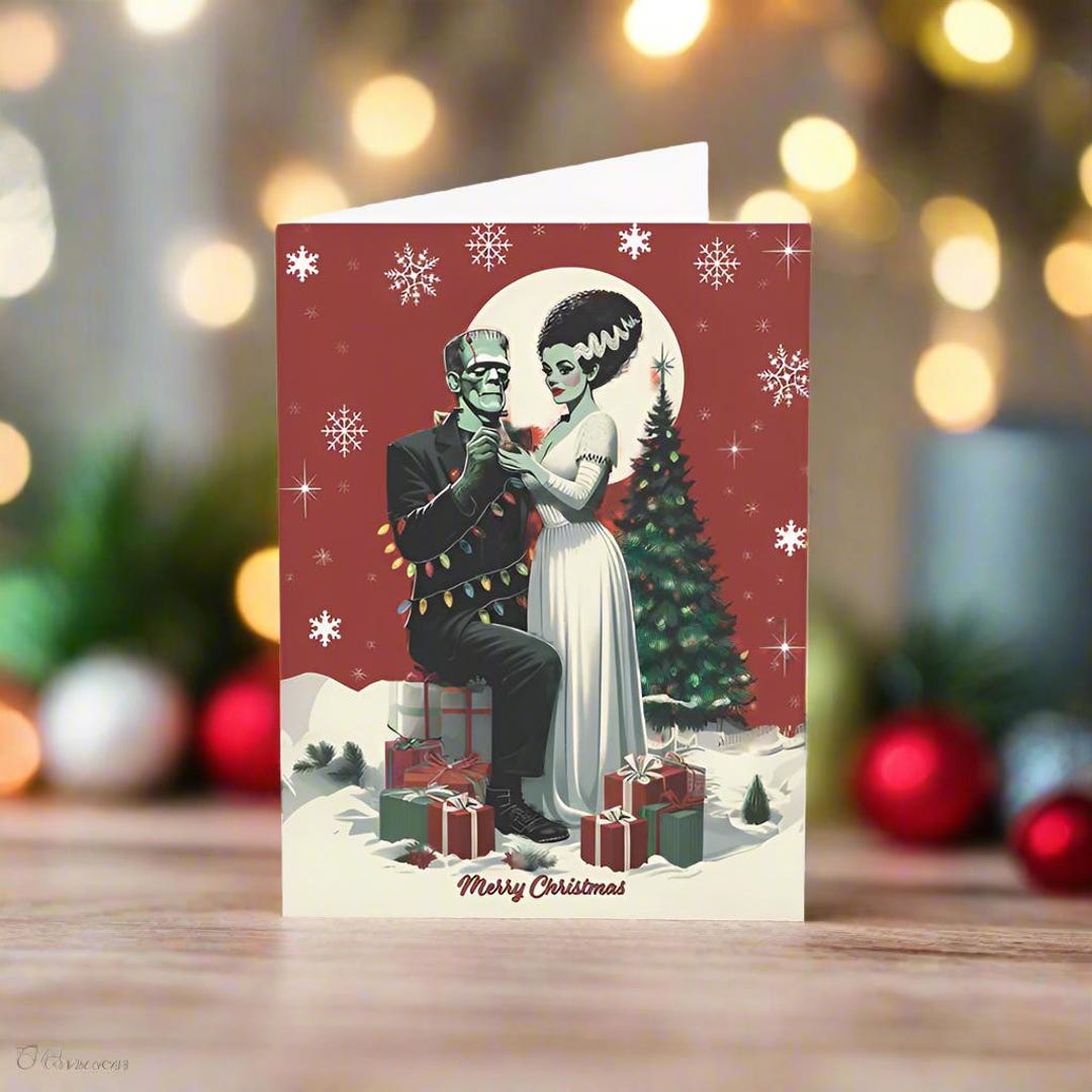 Frankenstein and Bride Christmas Card, Frankenstein's Monster Holiday ...