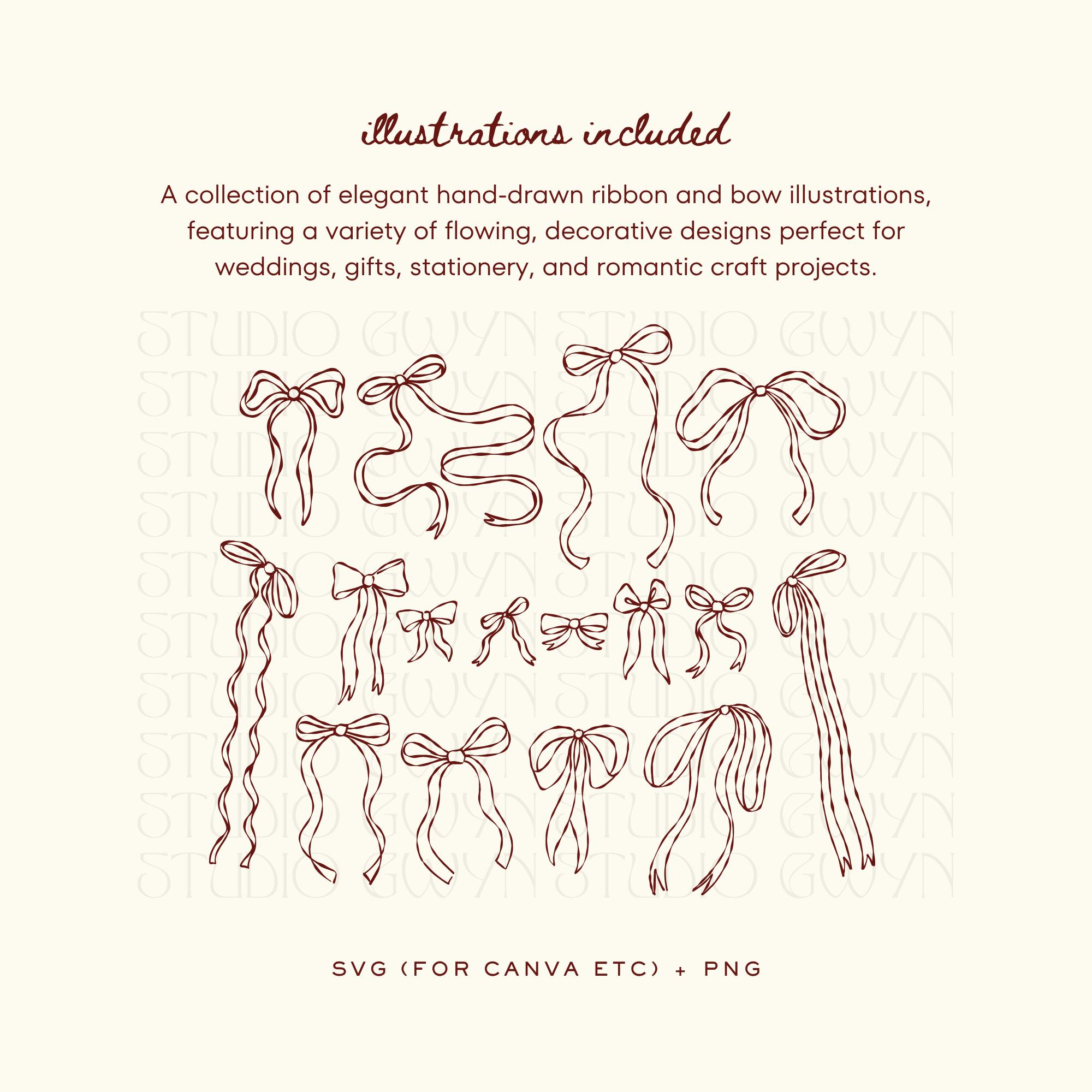 Hand Drawn Ribbon and Bow Illustration Bundle SVG PNG: Elegant Clipart ...