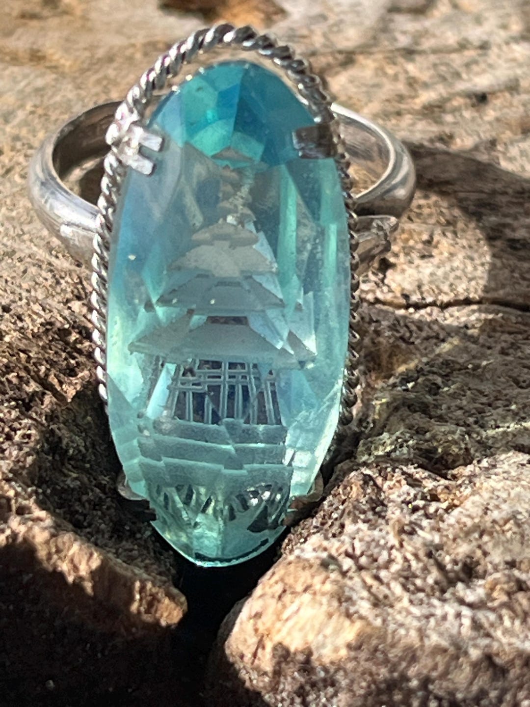 Vintage Reverse Carved Pagoda Ring in Aquamarine Stone - Etsy