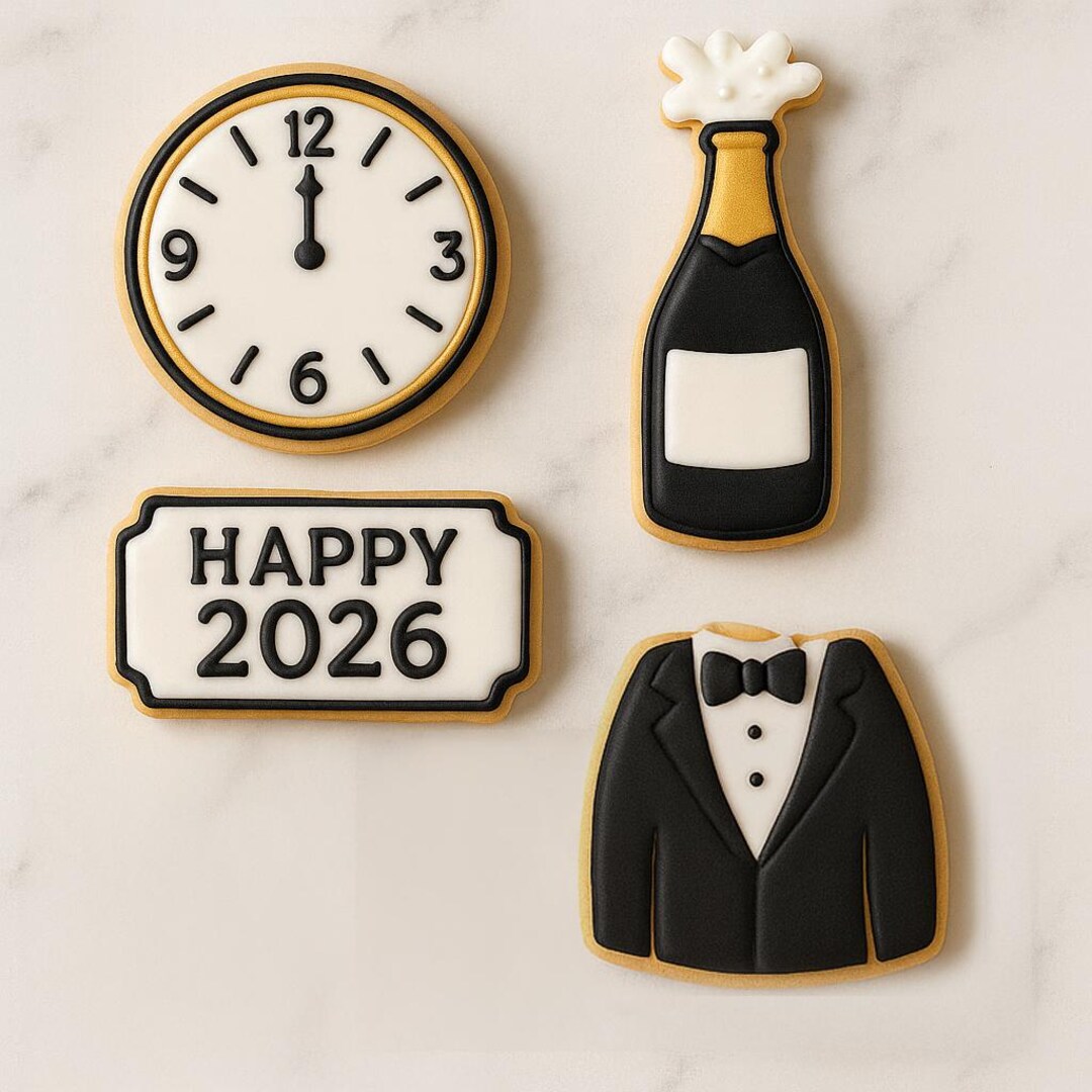 New_years Set_a 2026 Cookie Cutter Set – Clock, Champagne, Tuxedo ...
