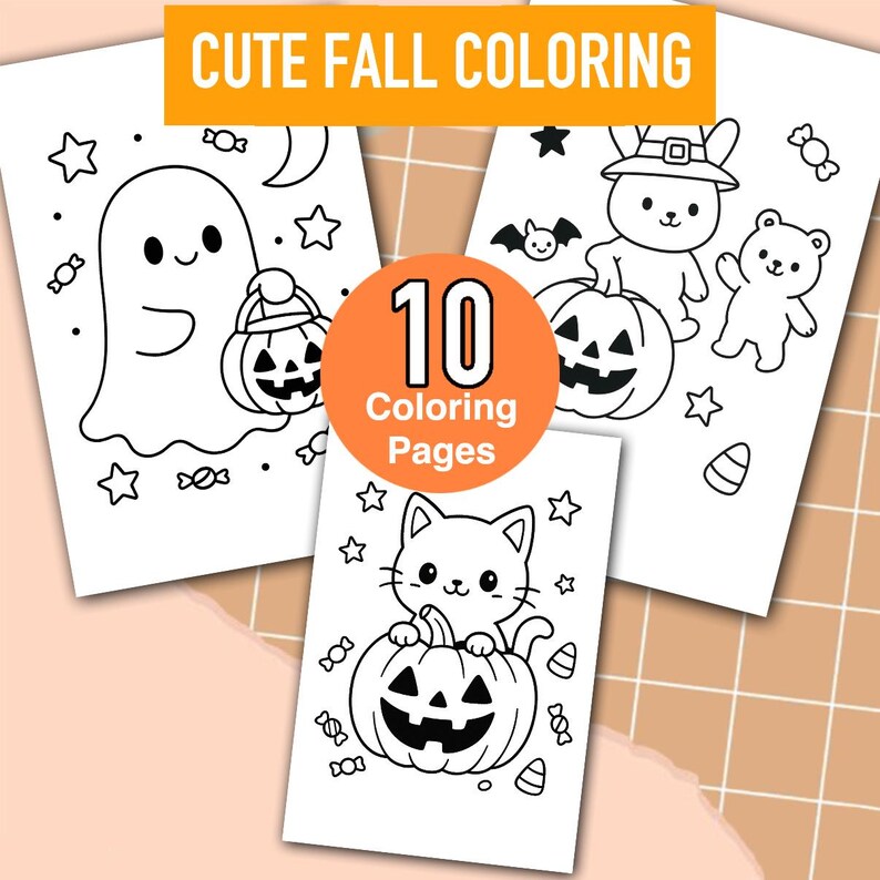 Kids Fall Halloween Coloring Book | 10 Printable Pages | Cute Autumn ...